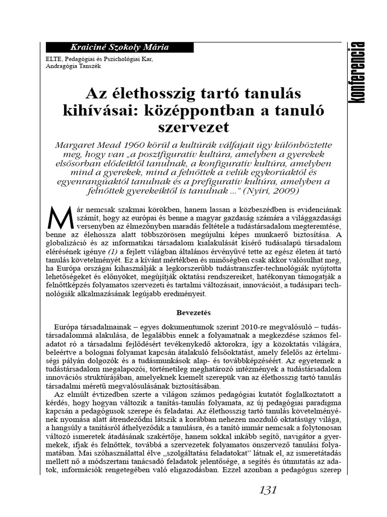I. Az Élethosszig Tartó Tanulás Kihívásai Középpontban A Tanuló Szervezet | PDF