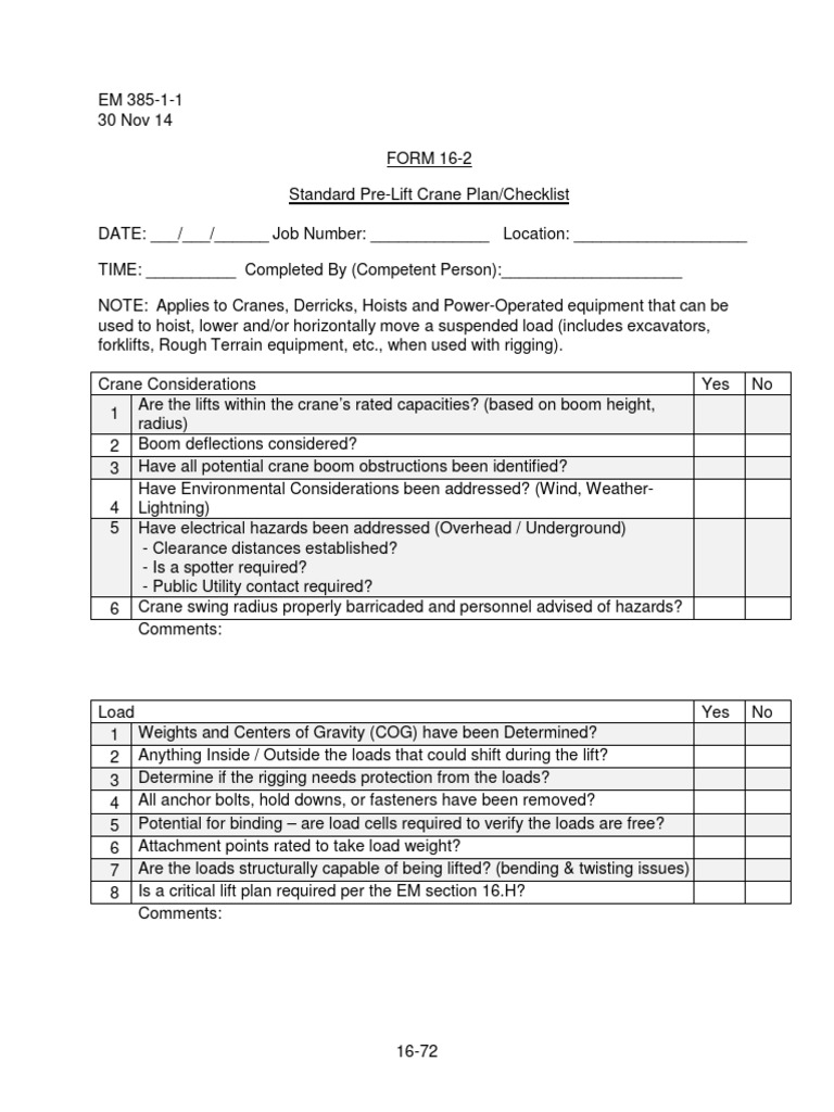 (A) Form 16-2 Standard Pre-Lift Crane Planchecklist | PDF | Crane ...