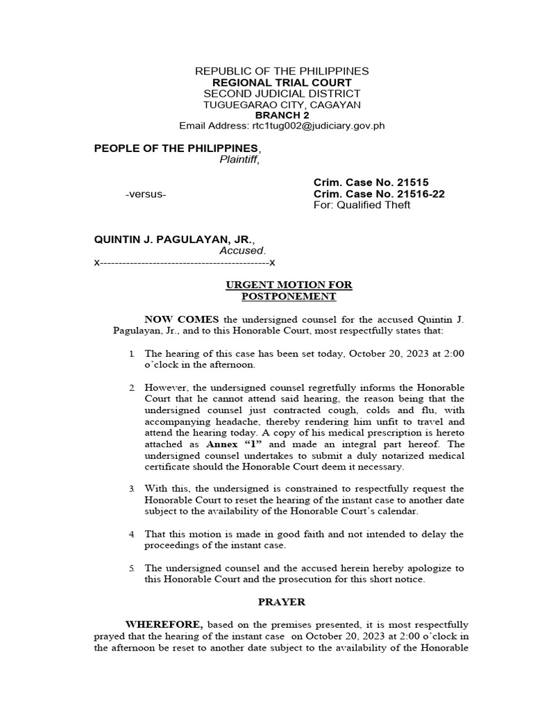 Urgent Motion For Postponement | PDF | Prosecutor | Courts