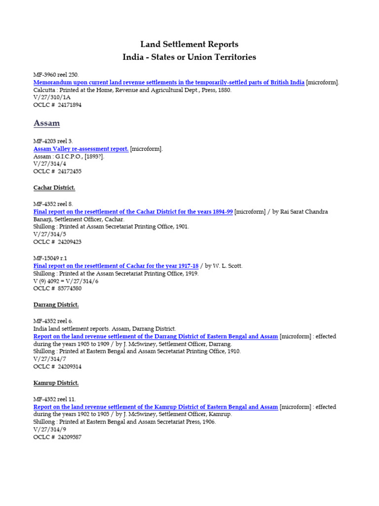 Land Revenue Settlement Reports in India | PDF | South Asia | British India