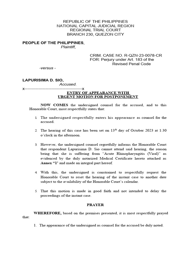 Motion For Postponement | PDF | Courts | Criminal Law