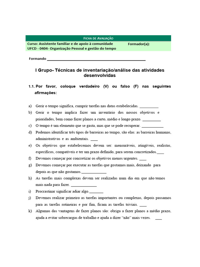 Ficha de Avaliaao 0404 - Organizaao Pessoal e Gestao Do Tempo | PDF