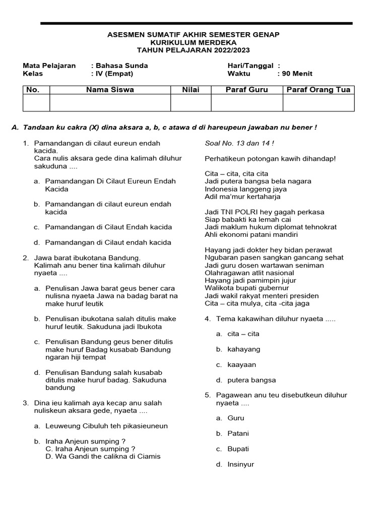 Asesmen Sumatif Bahasa Sunda Kelas 4 | PDF