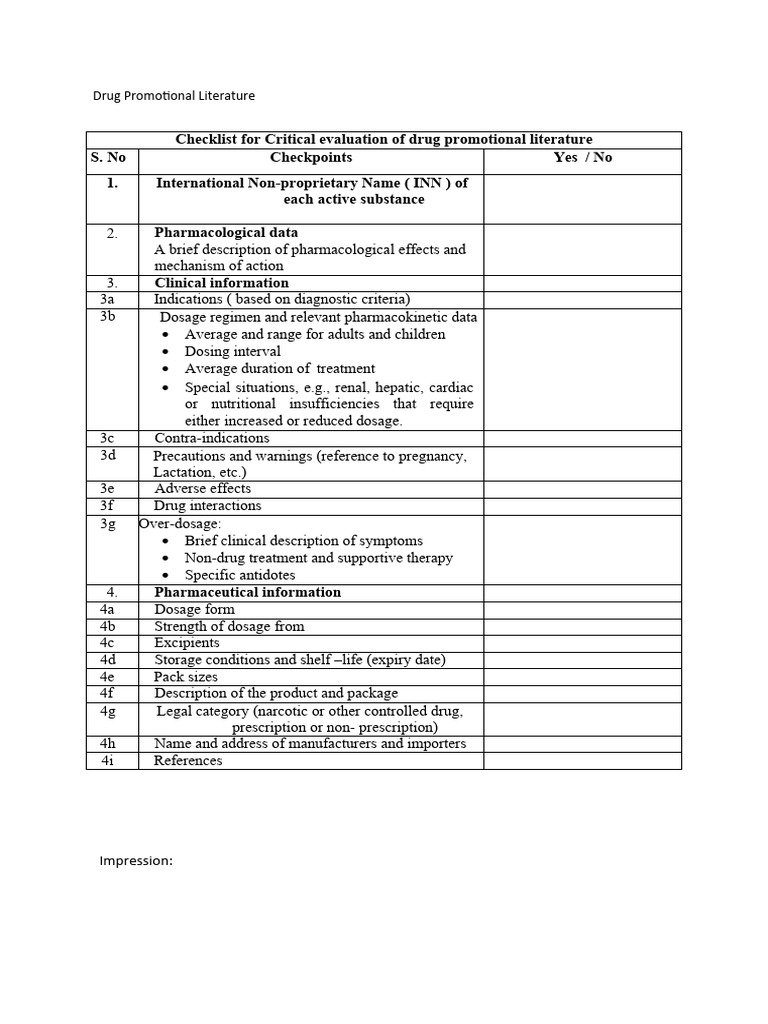Drug Promotional Literature Evaluation Checklist | PDF