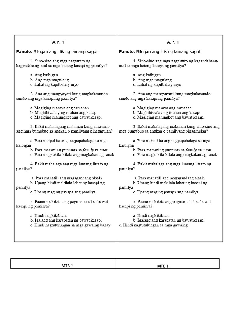 A.P. 1 Panuto: Bilugan Ang Titik NG Tamang Sagot. A.P. 1 Panuto ...