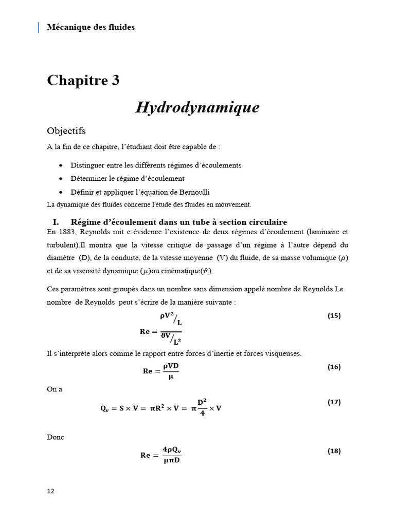 Chapitre 3 Hydrodynamique | PDF | Dynamique des fluides | Nombre de Reynolds