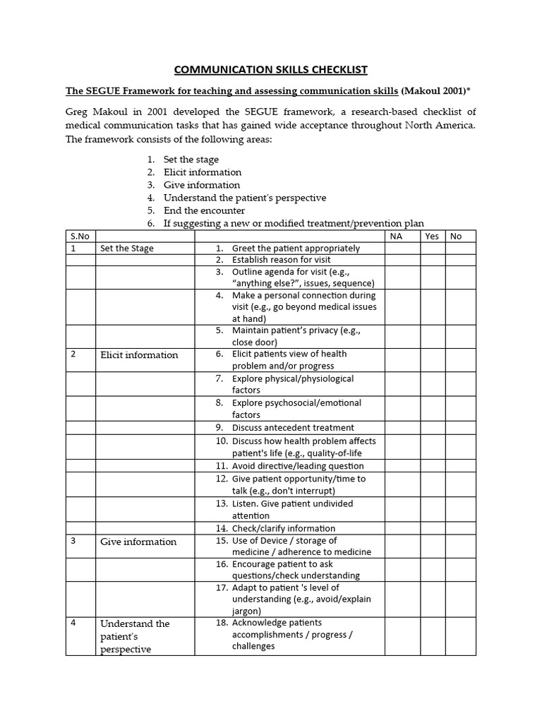 Checklist Communication Skills | PDF | Medical Treatments | Diseases ...