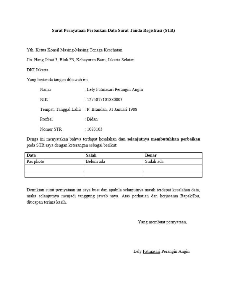 Surat Pernyataan Perbaikan Data Surat Tanda Registrasi | PDF