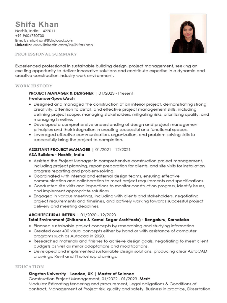 Shifa Khan Resume India | Download Free PDF | Project Management | Business