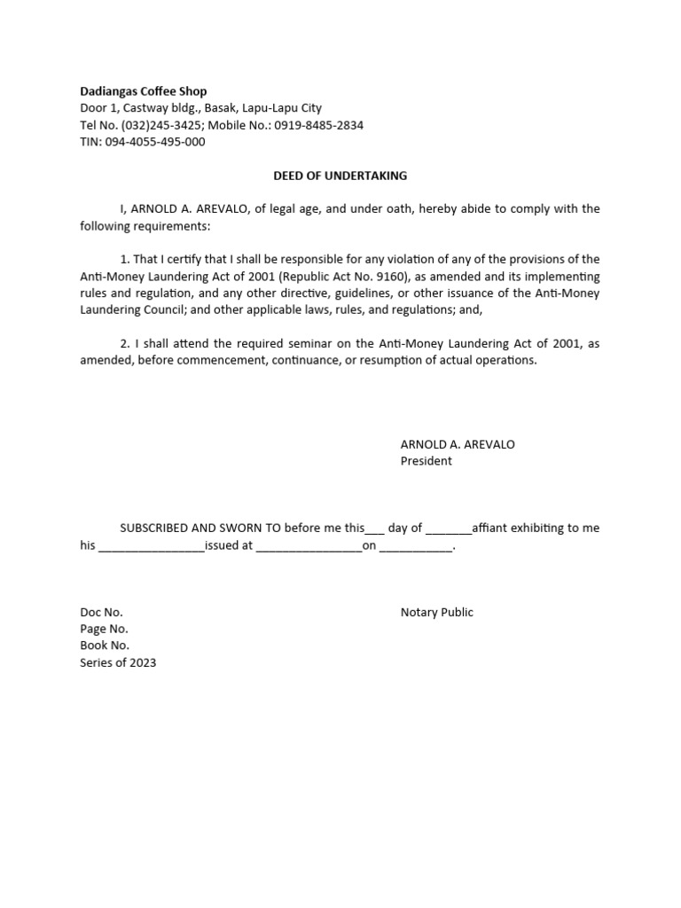 Notarized Deed of Undertaking Compliance | PDF | Finance & Money ...