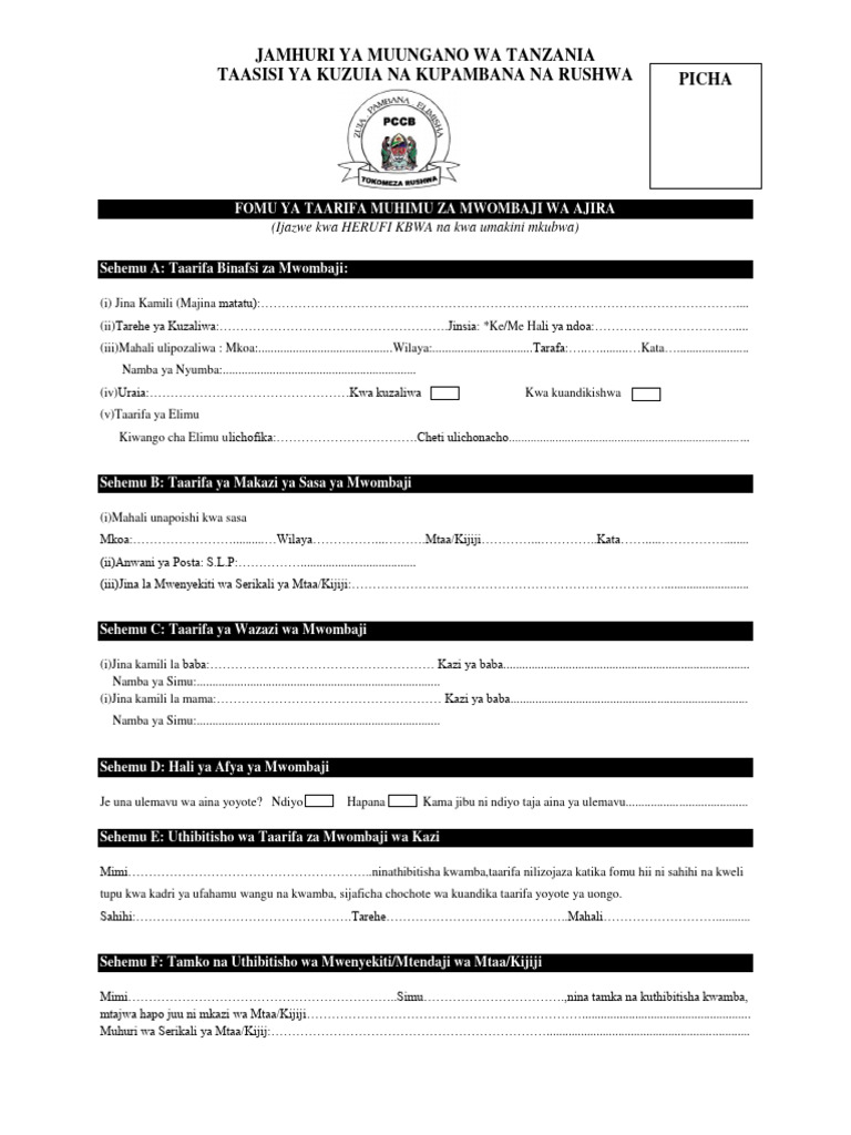 Fomu Ya Taarifa Muhimu Za Mwombaji | PDF