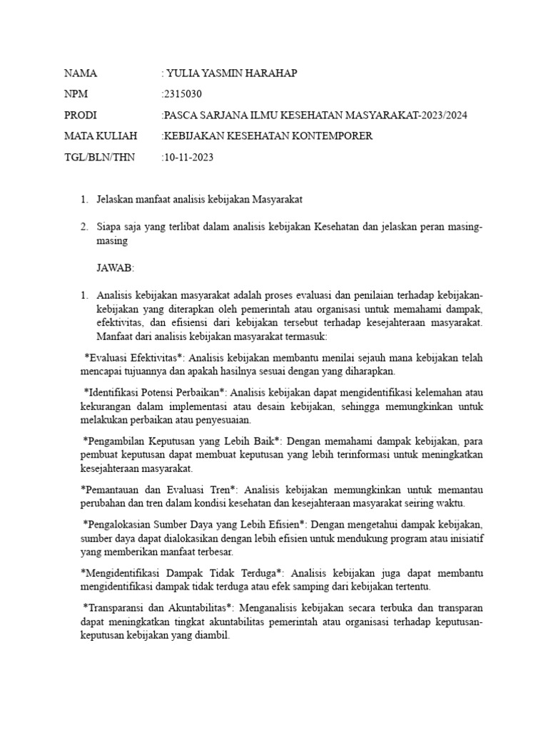 Yulia Yasmin Hrp-mk Kebijakan Kesehatan Kontemporer | PDF