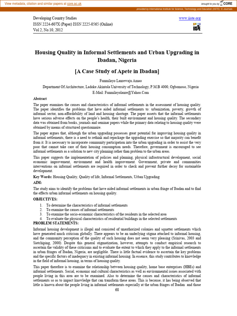 Housing Quality in Informal Settlements and Urban Upgrading in Ibadan, Nigeria (A Case Study of ...