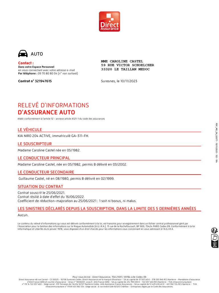 Relevé d'Informations Assurance Auto | PDF | Assurance | Services ...
