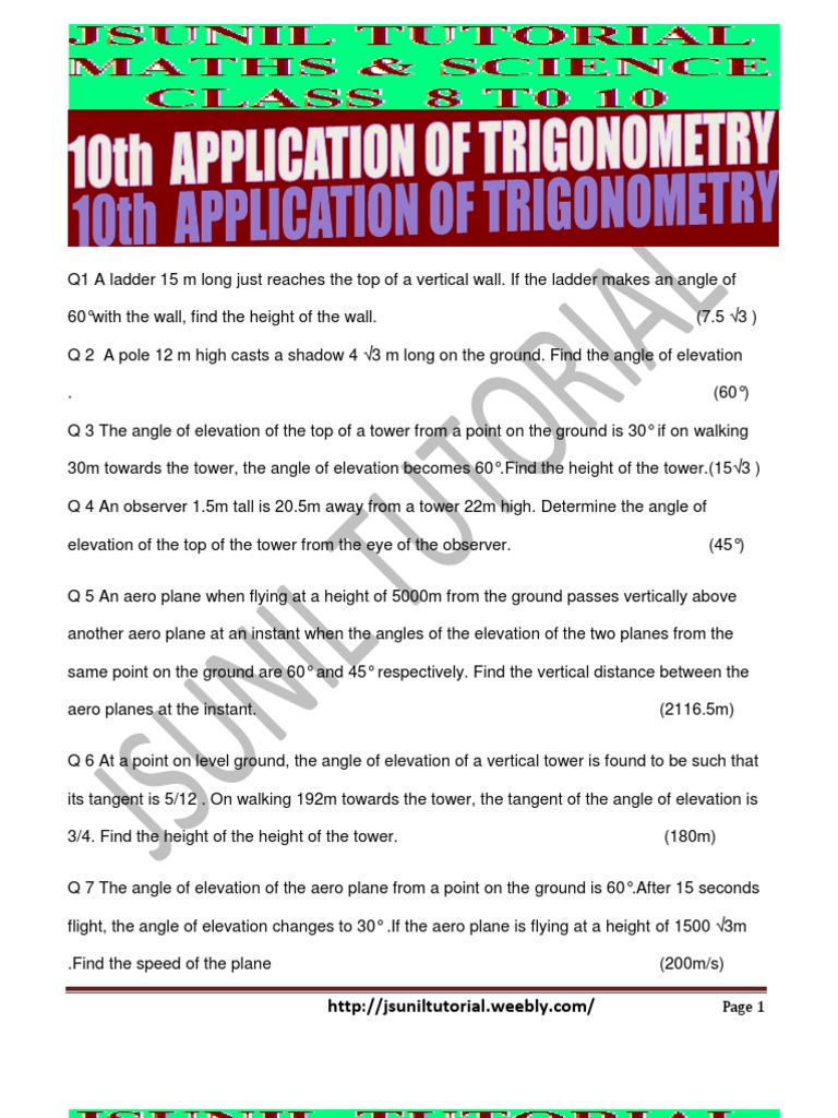 10th Application of Trigonometry (Height and Distance) | PDF | Flag | Angle