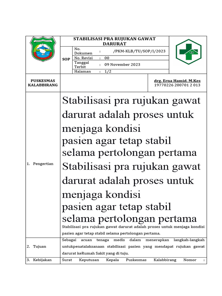 SOP Stabilisasi Pra Rujukan | PDF | Sains & Matematika