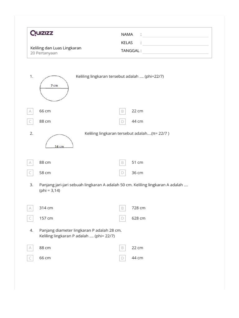 Quizizz - Keliling Dan Luas Lingkaran | PDF