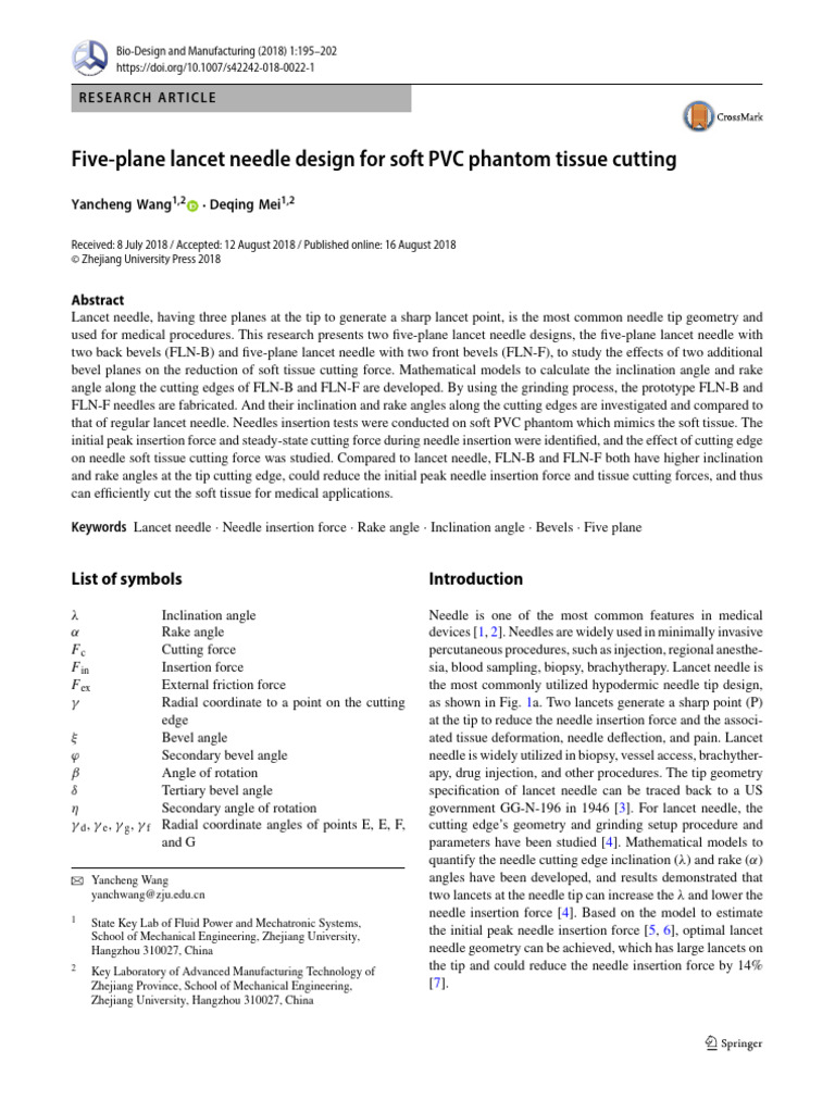 Five-Plane Lancet Needle Design For Soft PVC Phantom Tissue Cutting ...
