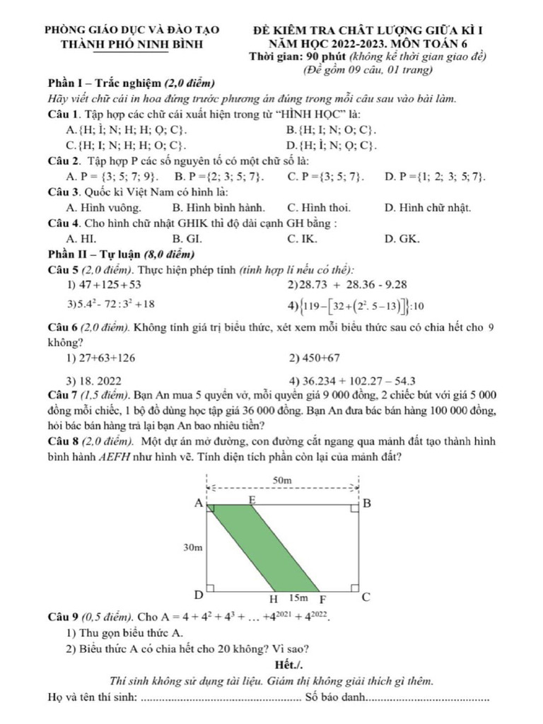 De Giua Ki 1 Toan 6 Nam 2022 2023 Phong GDDT Thanh Pho Ninh Binh | PDF
