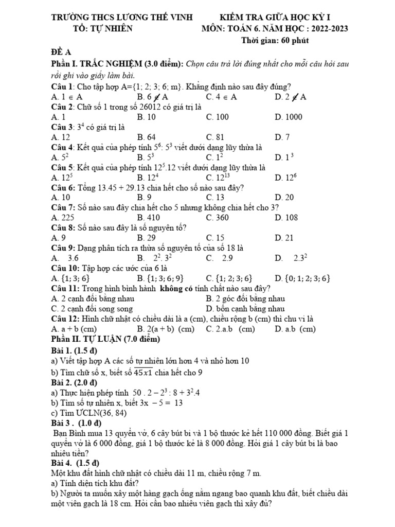 De Giua Ky 1 Toan 6 Nam 2022 2023 Truong Thcs Luong The Vinh Quang Nam | PDF
