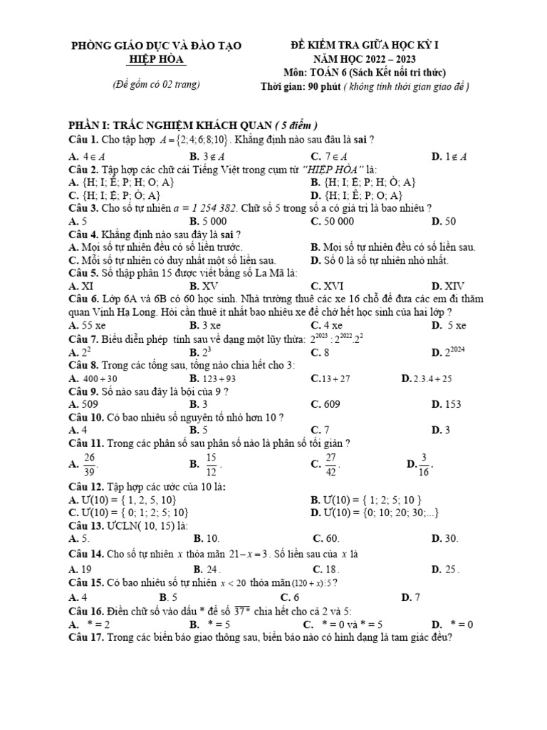De Giua Ky 1 Toan 6 Knttvcs Nam 2022 2023 Phong GDDT Hiep Hoa Bac Giang | PDF