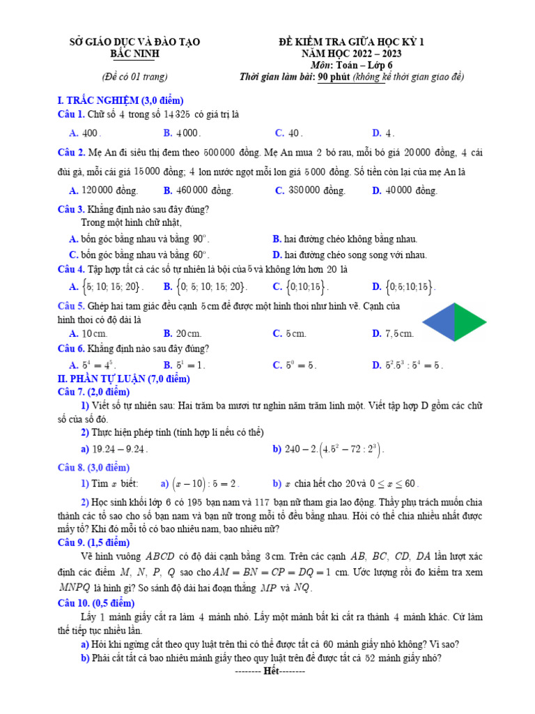 De Kiem Tra Giua Hoc Ky 1 Toan 6 Nam 2022 2023 So GDDT Bac Ninh | PDF