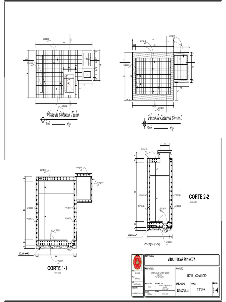 Plano de Cisterna Ciment. Plano de Cisterna Techo: CORTE 2-2 | PDF