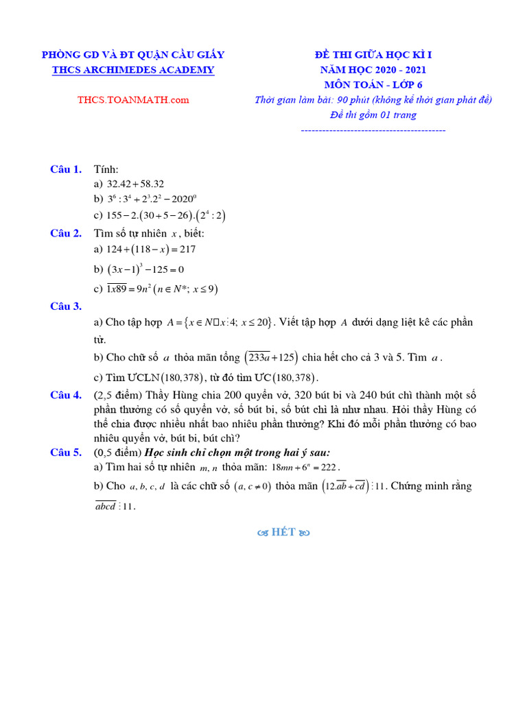 De Thi Giua Hoc Ki 1 Toan 6 Nam 2020 2021 Truong Thcs Archimedes Academy Ha Noi | PDF