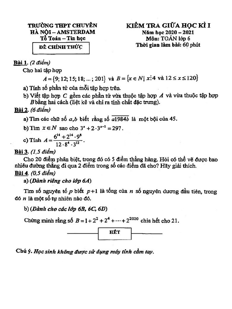De Thi Giua hk1 Toan 6 Nam 2020 2021 Truong Chuyen Ha Noi Amsterdam | PDF