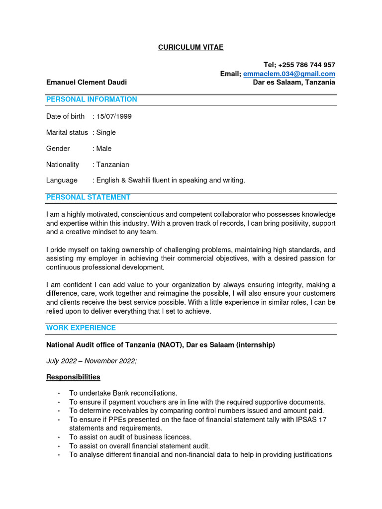 Emanuel Clement Daudi CV | PDF | Audit | Tanzania