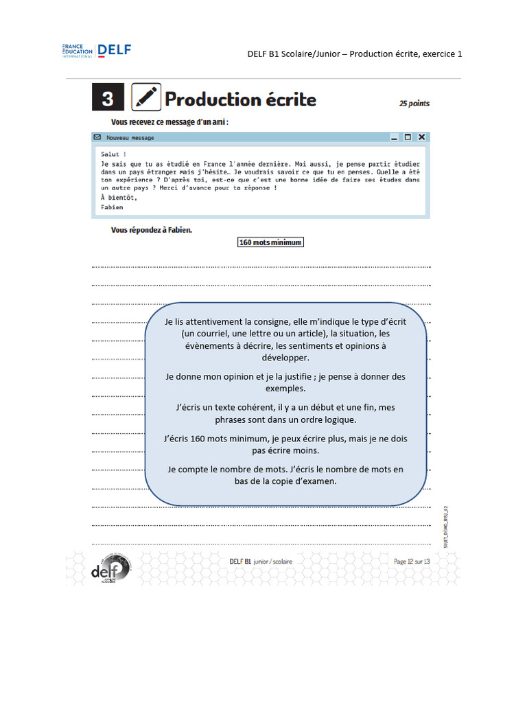 Production écrite DELF B1 Junior | PDF