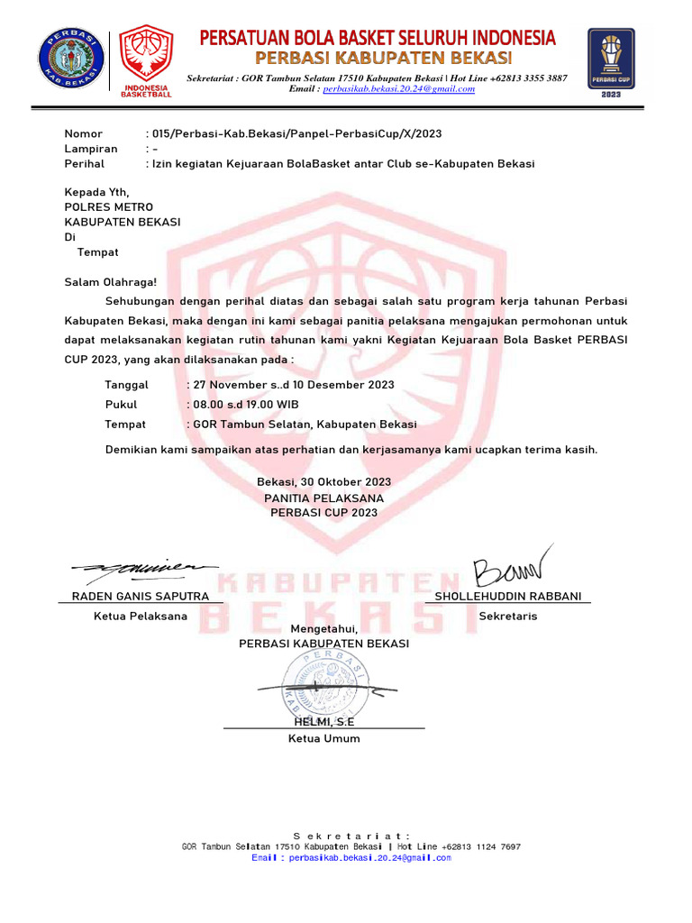 Surat Izin Perbasi Cup 2023 Bekasi | PDF