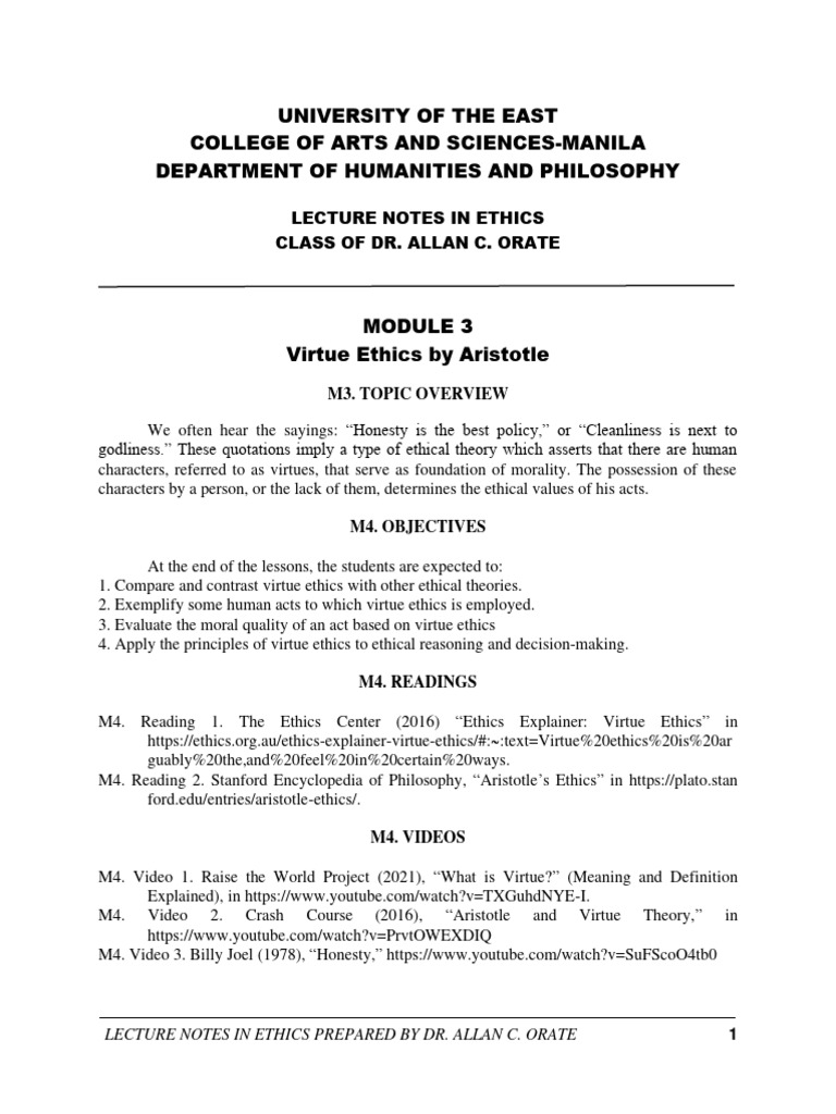 M4. Lecture Notes, Virtue Ethics by Aristotle | PDF | Virtue | Virtue ...