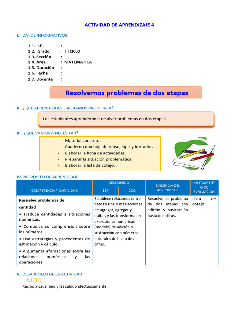 D4 A1 SESION MAT. Resolvemos problemas de dos etapas | PDF