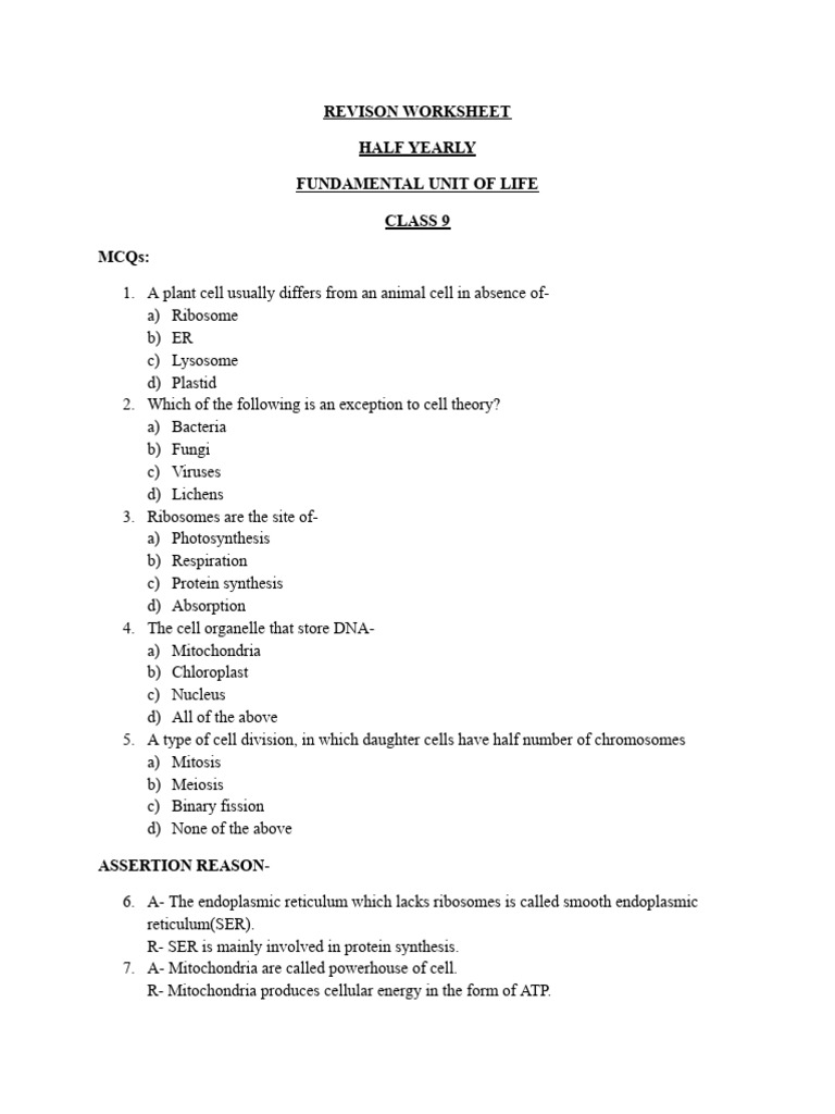 REVISON WORKSHEET Class 9 Docx | PDF | Cell (Biology) | Endoplasmic ...