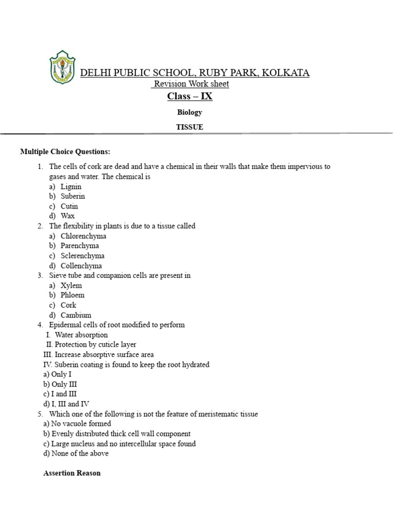 Revision Work Sheet Class 9 Tissue Docx | PDF | Tissue (Biology ...