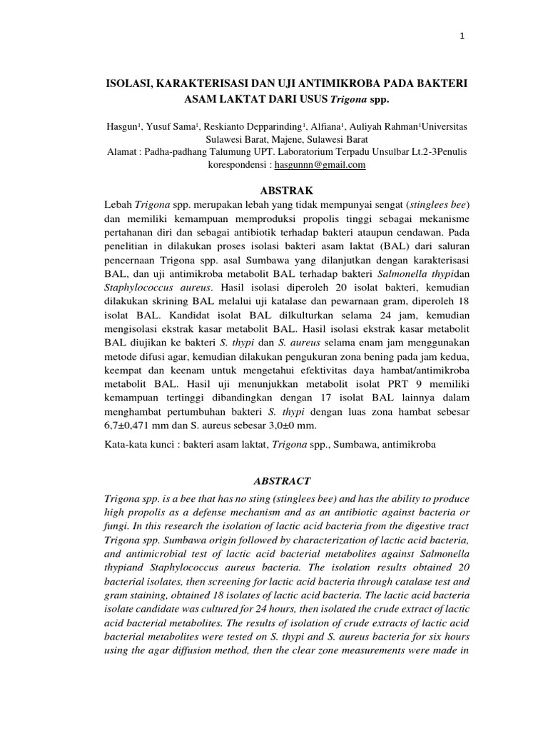 Proposal - Isolasi, Karakterisasi Dan Uji AntiMikroba Pada Bakteri Asam Laktat Dari Usus Trigona ...