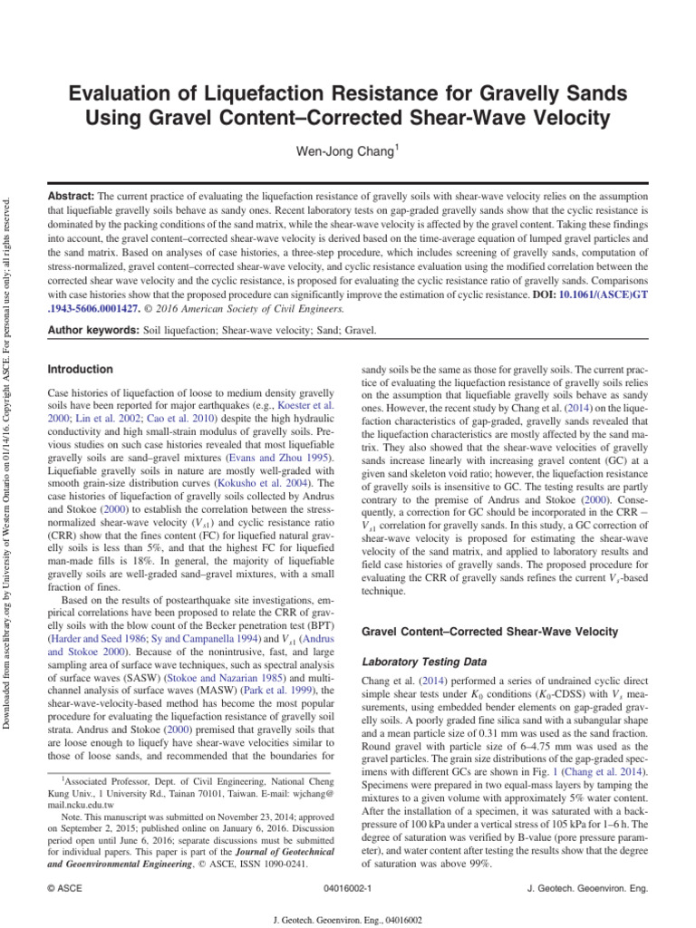 Evaluation of Liquefaction Resistance For Gravelly Sands Using Gravel Content-Corrected Shear ...