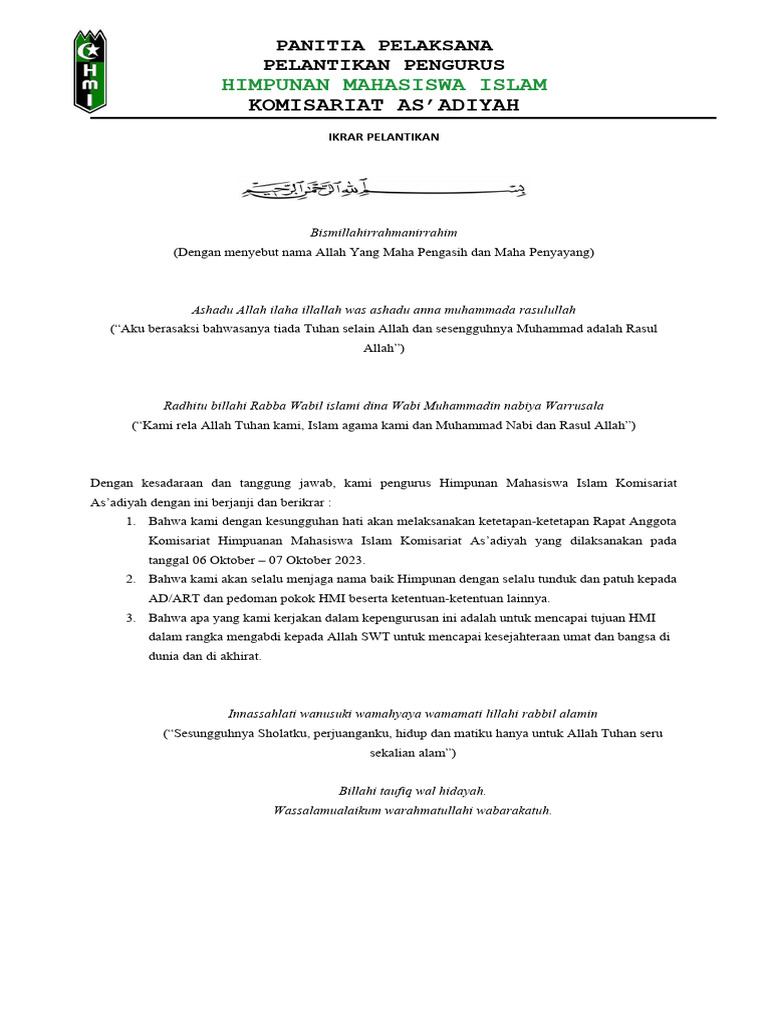 Ikrar Pelantikan Komisariat Hmi | PDF | Politik