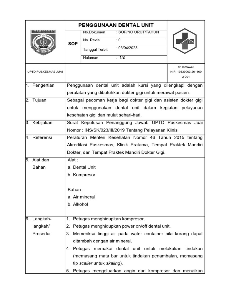 SOP Penggunaan Dental Unit | PDF