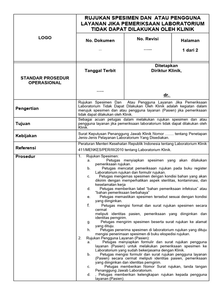 Spo Rujukan Spesimen Dan Atau Pengguna Layanan Jika Pemeriksaan ...