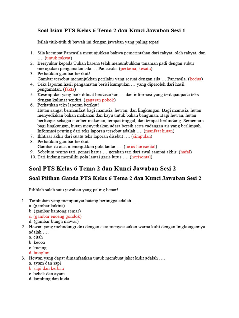 Soal PTS Kelas 6 Tema 2 Dan Kunci Jawaban Sesi 2 | PDF