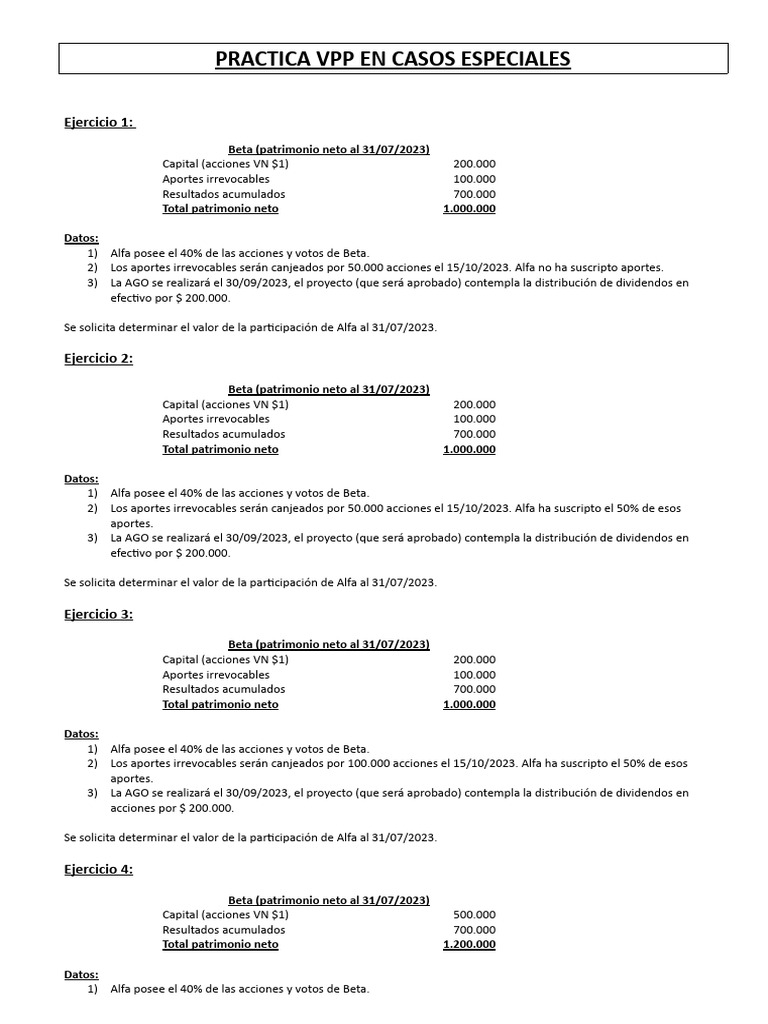 Práctica Complementaria VPP Casos Especiales | PDF | Compartir (Finanzas) | Valor neto