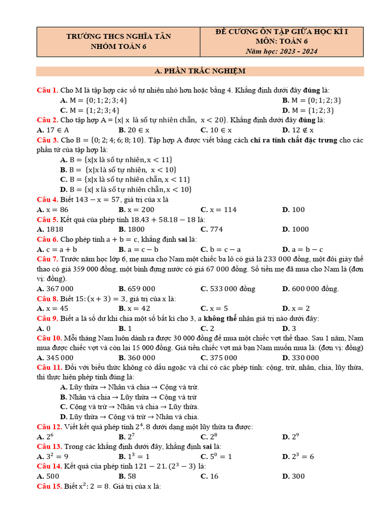 De Cuong Giua Hoc Ki 1 Toan 6 Nam 2023 2024 Truong Thcs Nghia Tan Ha Noi | PDF