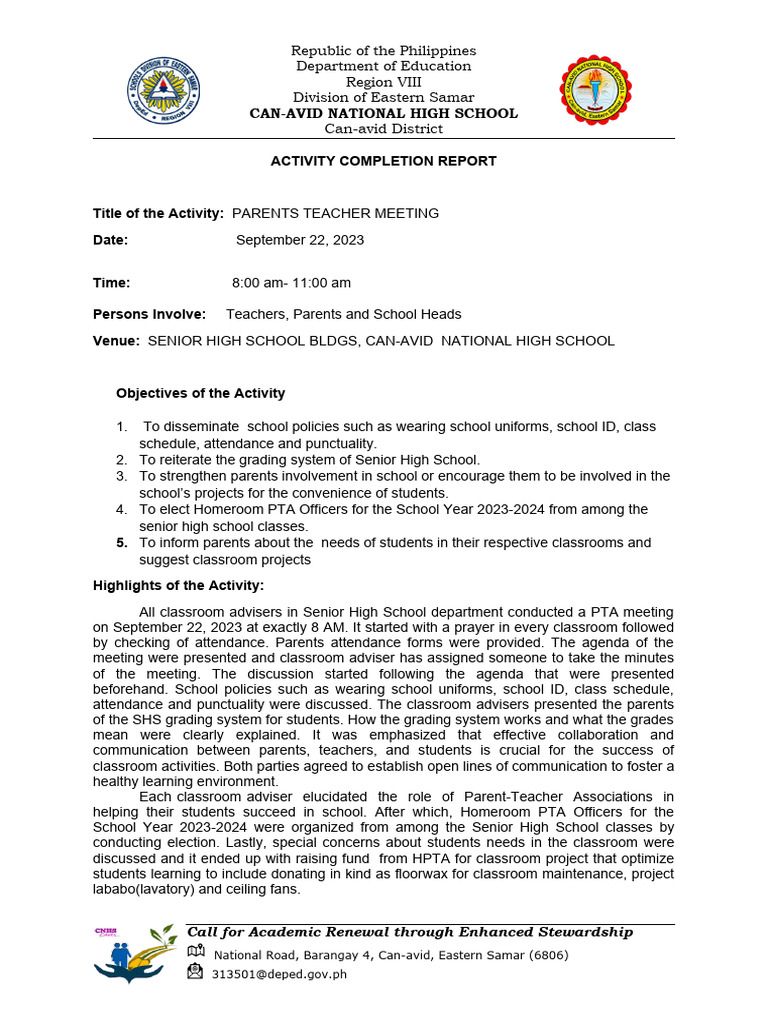 Activity Completion Report-SHS PTA MEETING | PDF