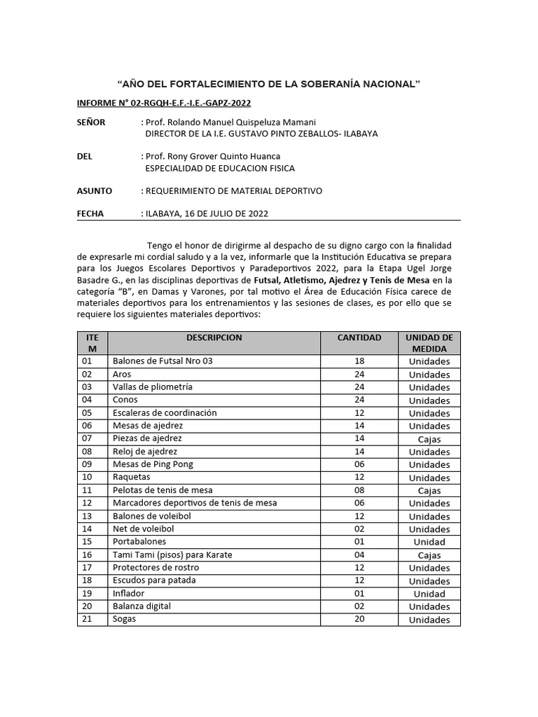Requerimiento de Material Deportivo Gapz | PDF | Tenis de mesa | Juego ...