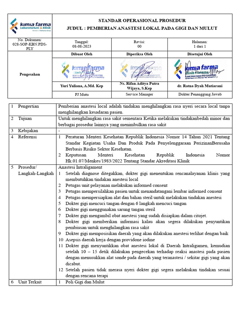 Sop Pemberian Anastesi Lokal Pada Gigi Dan Mulut | PDF