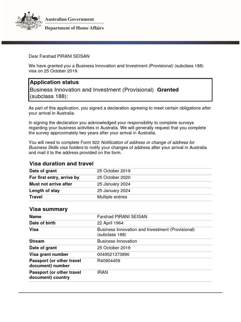 IMMI Grant Notification | PDF | Travel Visa | Employment