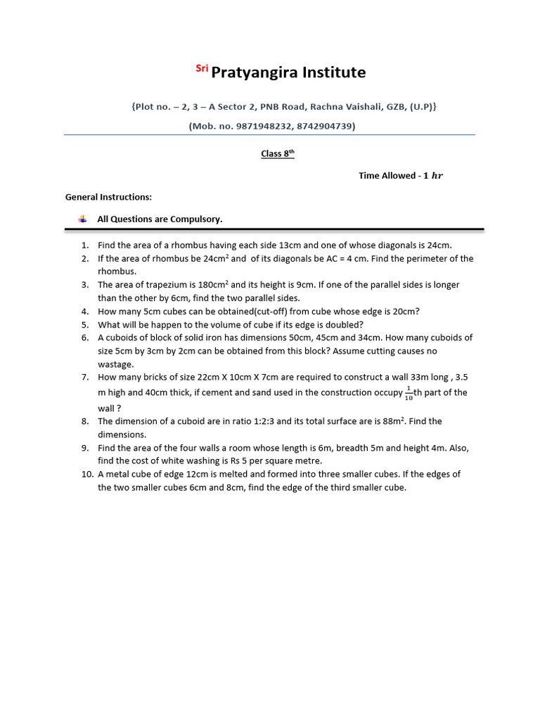 Class 8 Mensuration Practice Questions | PDF