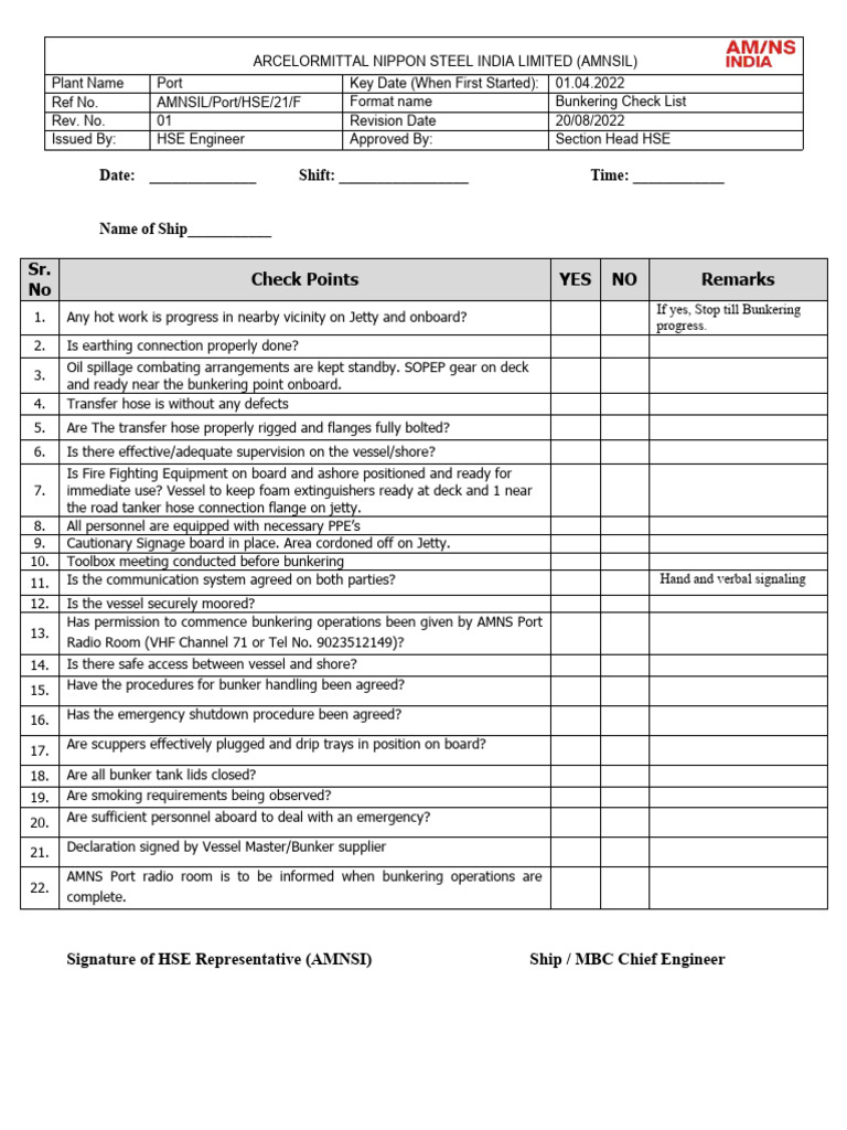 Bunkering Checklist | PDF | Watercraft | Ships